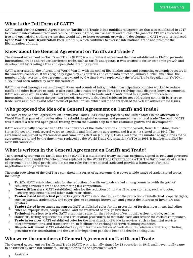 GATT Full Form - General Agreement On Tariffs and Trade | PDF