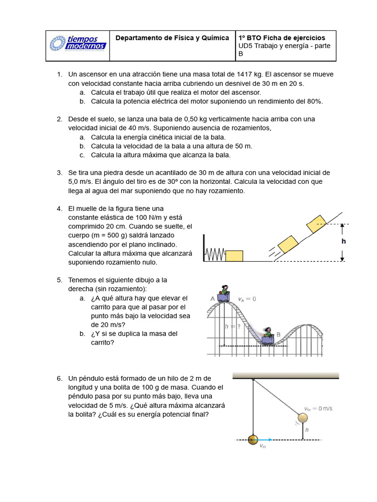 1BTO - Ficha de Ejercicios - UD5 Trabajo y Energía - Parte B (1) | PDF | Fricción | Masa