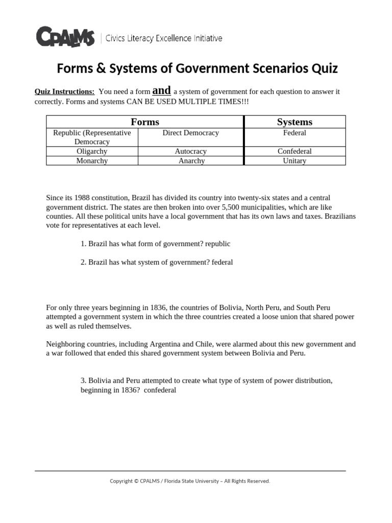Government Forms and Systems Quiz | PDF | Government | Cuba