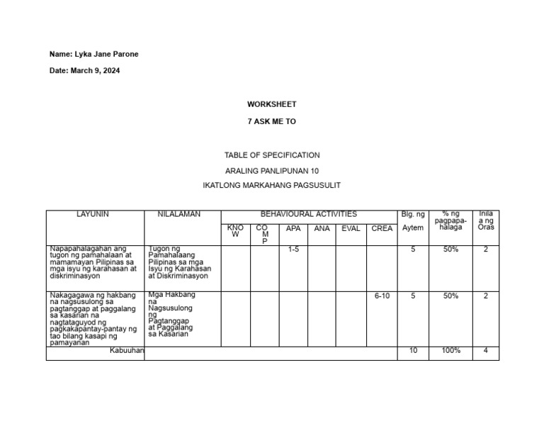 Worksheet 7 Tos | PDF