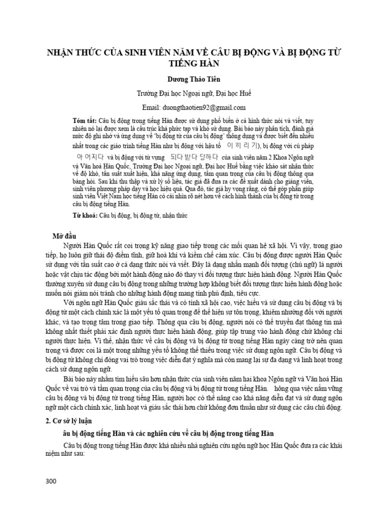 Nhan Thuc Cua Sinh Vien Nam 2 Ve Cau Bi Dong Va Bi Dong Tu Tieng Han (Duong Thao Tien- Dai Hoc ...