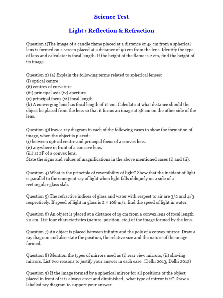 Test Class XLight Reflection&Refraction | PDF