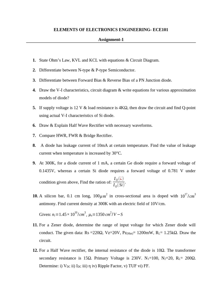 Combined Assignment Questions For Electronics All Sections 16 To 30 | PDF | Rectifier | Diode