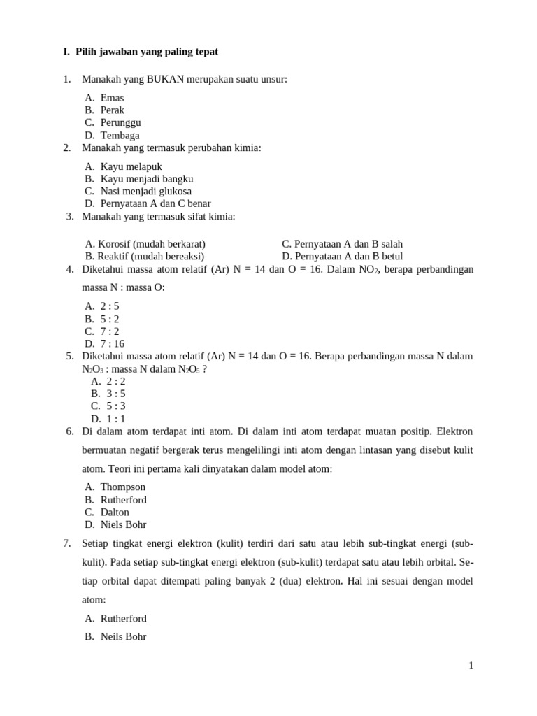 Latihan Soal Uts Fisika Kimia | PDF