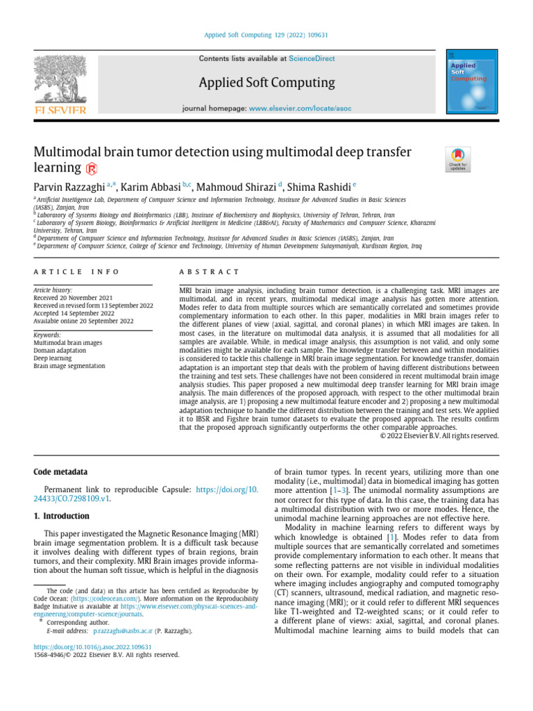 2022 Multimodal Brain Tumor Detection Using Multimodal Deep Transfer Learning | PDF | Medical ...