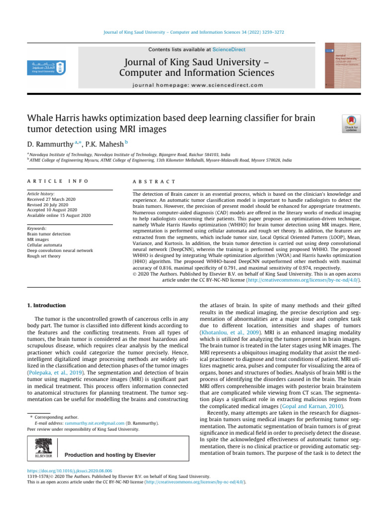 2022 Whale Harris hawks optimization based deep learning classifier for brain tumor detection ...