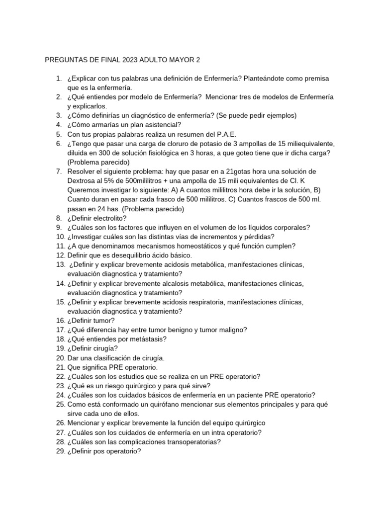 PREGUNTAS DE FINAL 2023 ADULTO MAYOR 2 | PDF | Cáncer | Electrólito