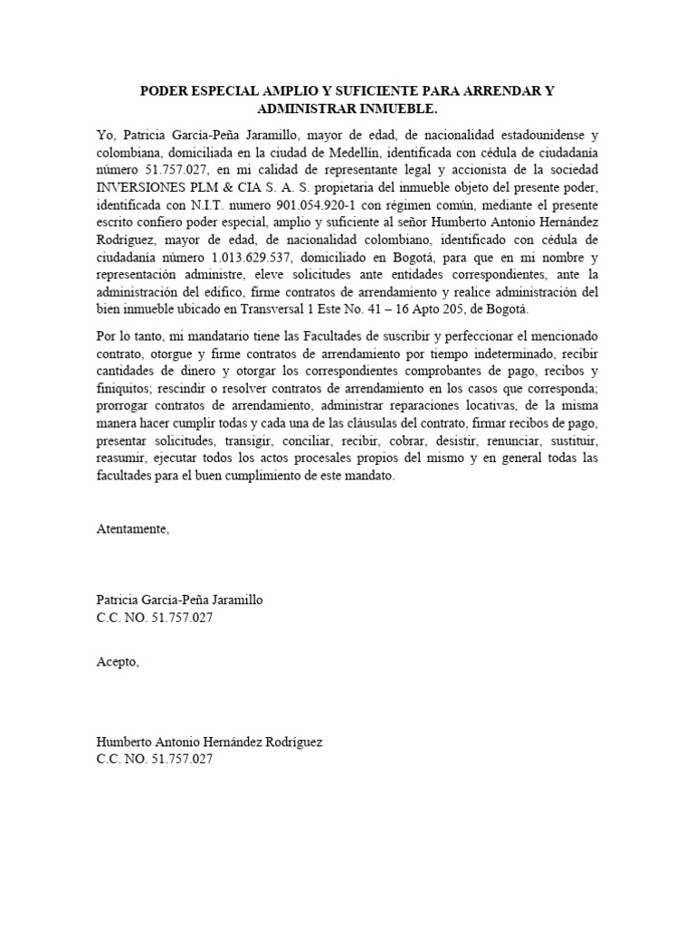 PODER ESPECIAL AMPLIO Y SUFICIENTE PARA ARRENDAR Y ADMINISTRAR INMUEBLE ...