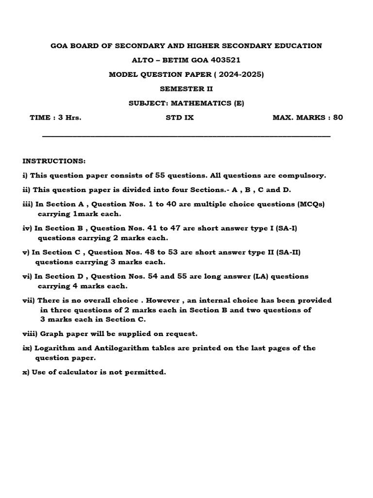 Class Ix Mathematics Sem 2 Model Question Paper 2024 25 | PDF | Area ...