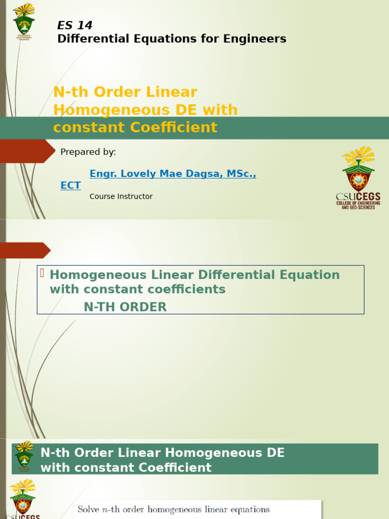 Ii Es 14 N Th Order Linear Homogeneous De With Constant Coefficient Pdf