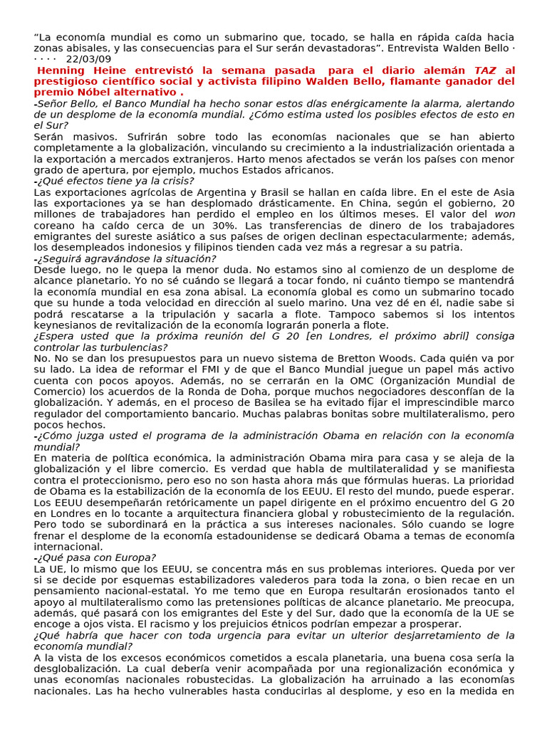 Entrevista a Walden Bello La economía mundial es | PDF | Globalización ... Entrevista a Walden Bello La economía mundial es | PDF | Globalización ...
