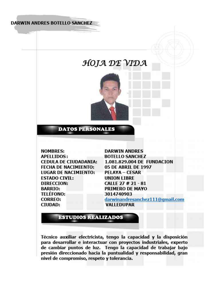 Hoja de Vida de Darwin Andrés Botello | PDF | Documento de identidad ...
