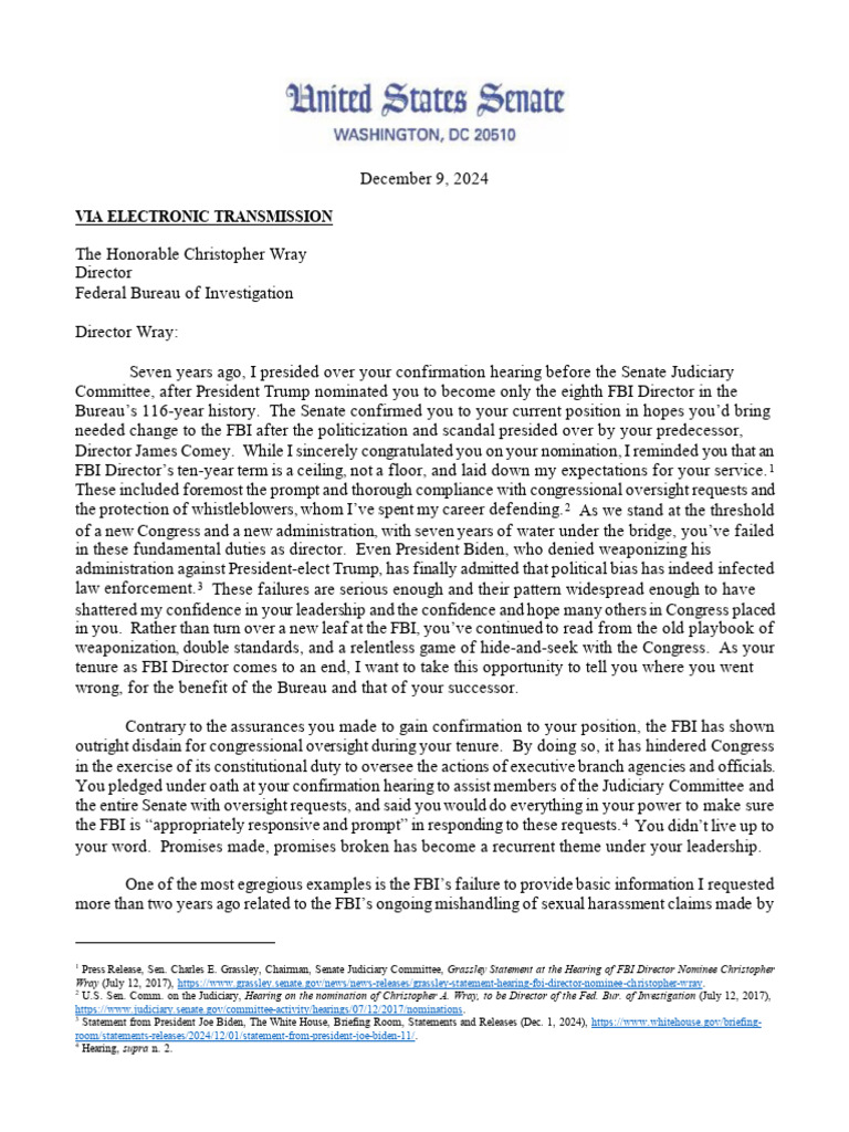 Grassley Critiques Wray's FBI Leadership | PDF | Federal Bureau Of Investigation | American ...