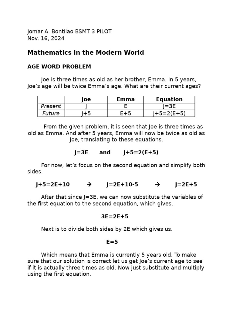 Age Word Problem, Mixture Problem, Distance, Rate and Time Problem | PDF | Equations | Mathematics