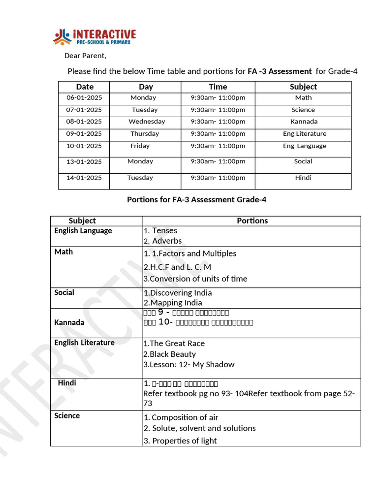 Grade 4 FA-3 Assessment Timetable | PDF