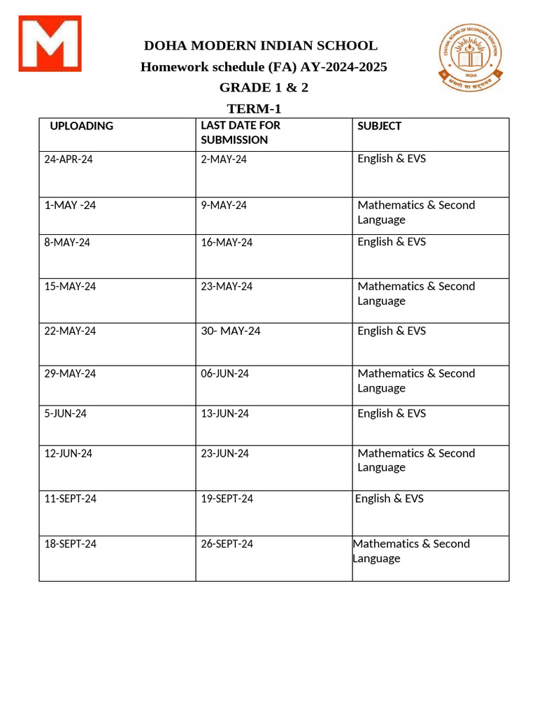 Grade 1 & 2 Homework Schedule 2024-25 | PDF