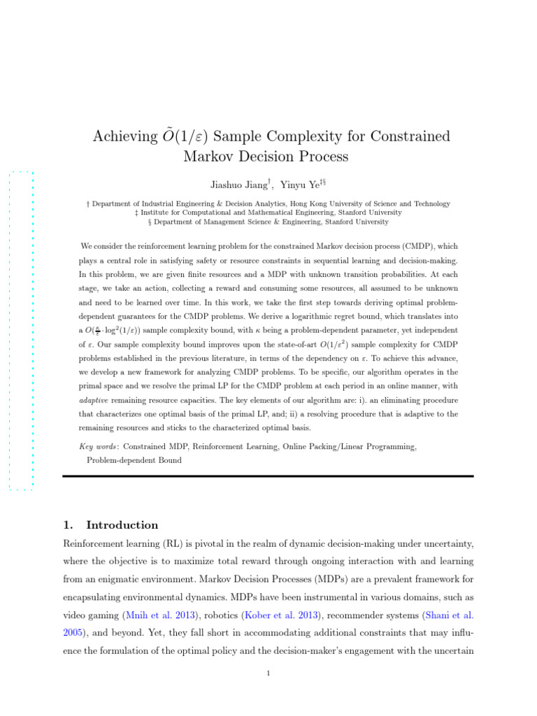 Achieving (1) Sample Complexity For Constrained Markov Decision Process | PDF | Matrix ...