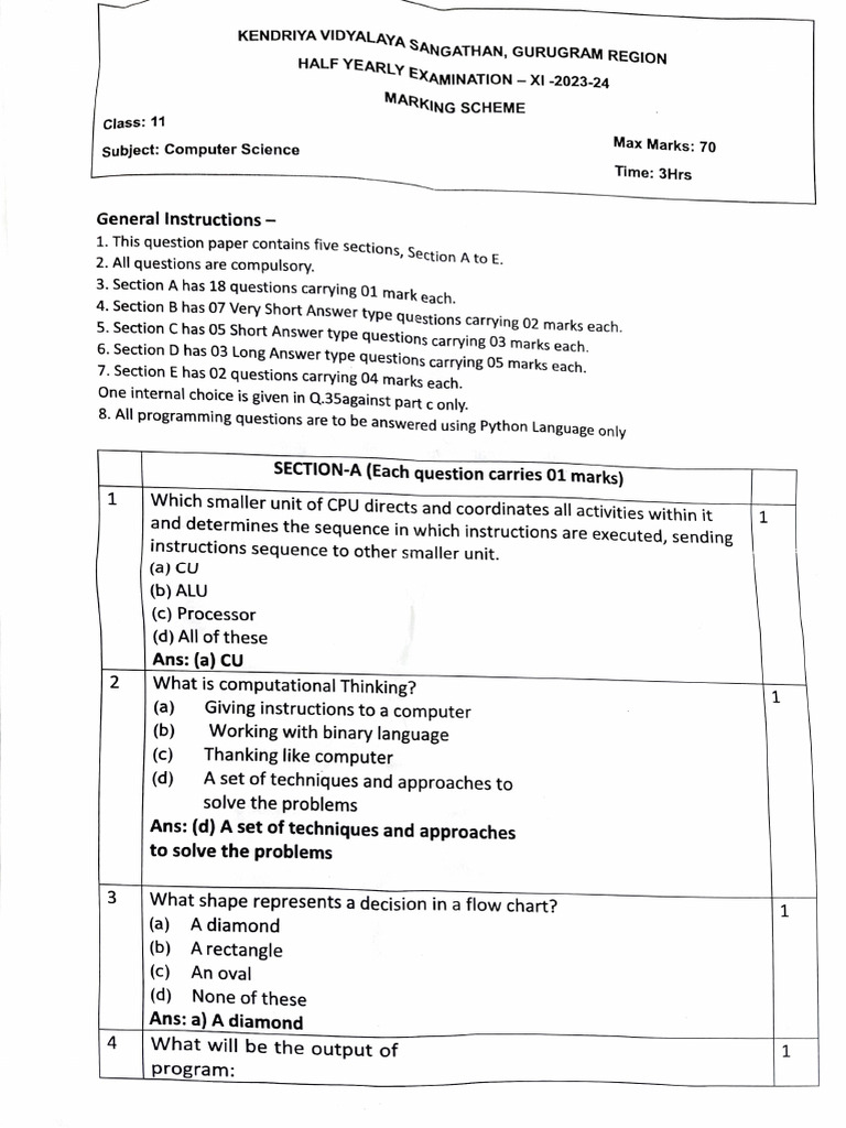 Xi Half Yearly Qp 2023 Cs (1) | PDF | Byte | Computer Science