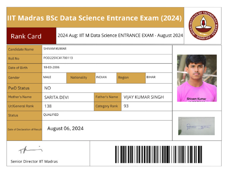 IIT Madras BSC Data Science Entrance Result | PDF