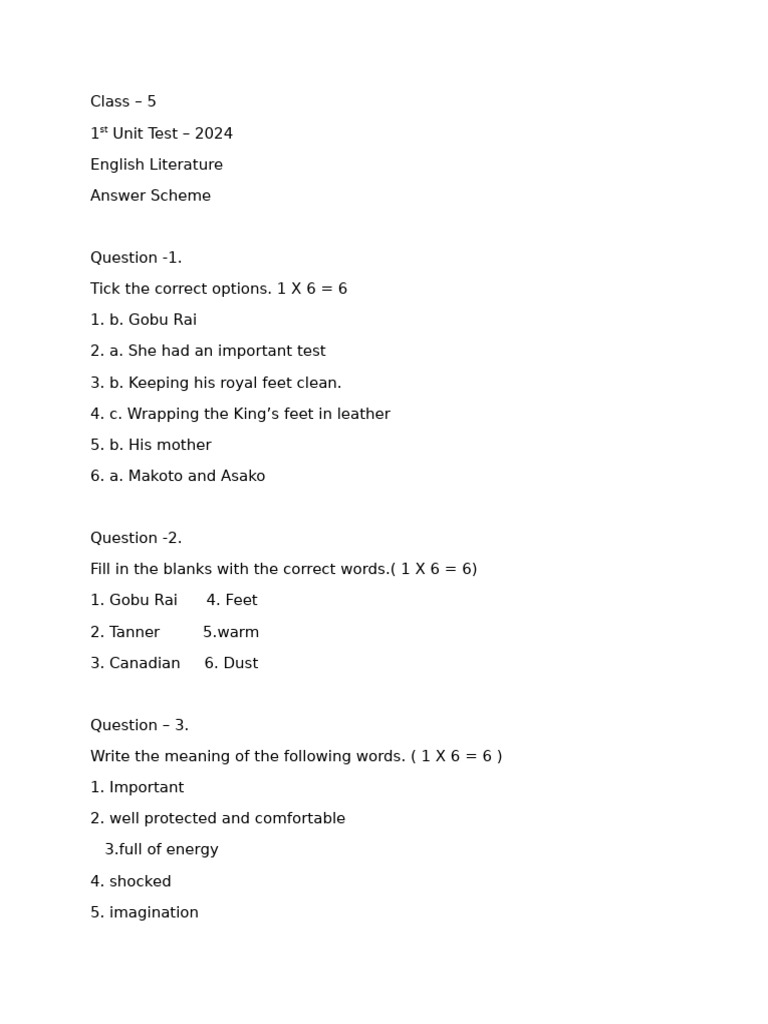 Class 5 English Literature Test Answers | PDF