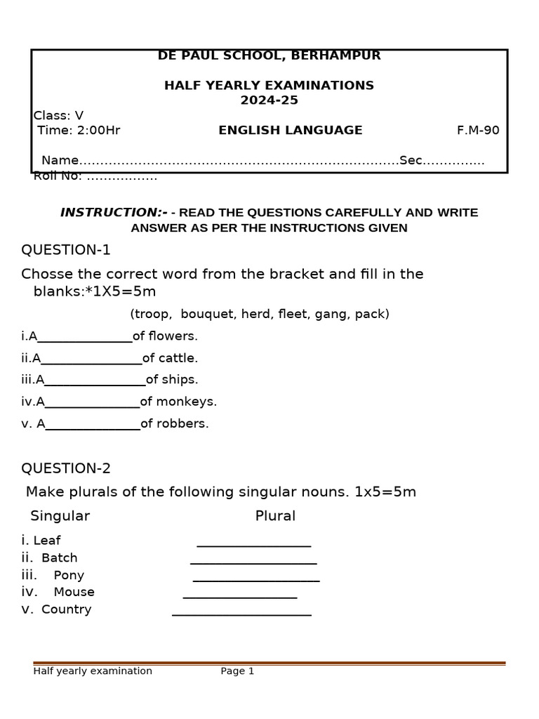 Class 5 Eng 1 Paper-1 Changed | PDF | Elephant | Grammatical Number