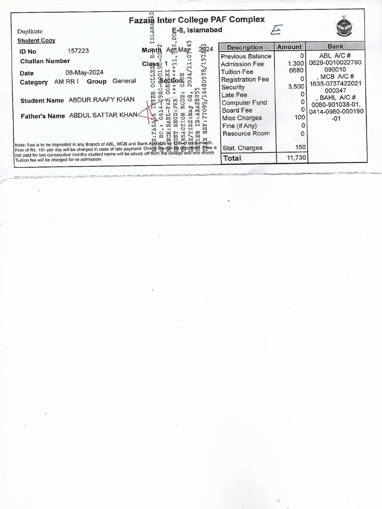 Admission Fee + Security Fee Bill For The Month of Apr+may 2024 | PDF
