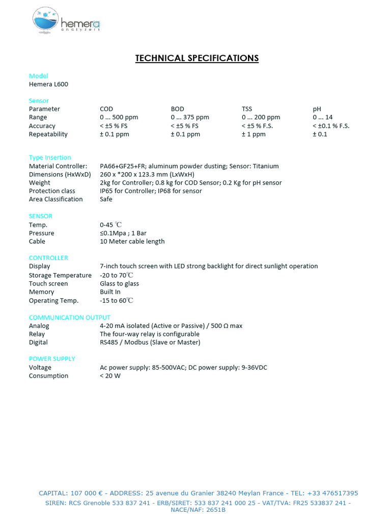 Hemera L600 Insertion - Technical Specification Sheet | PDF