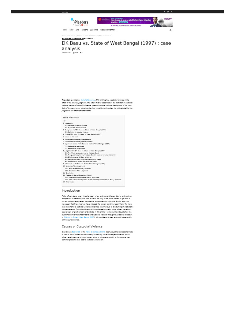 DK Basu Case: Custodial Violence Analysis | PDF | Arrest | Detention ...