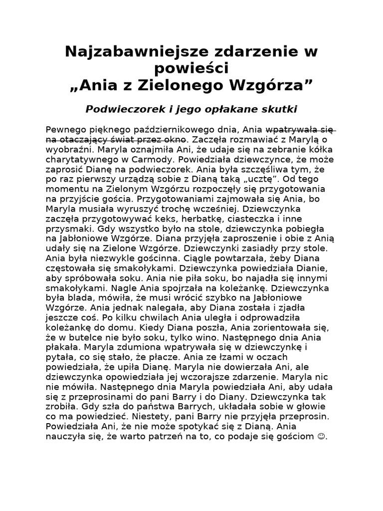 Najzabawniejsze Zdarzenie W Powiesci Ania Z Zielonego Wzgorza (1) .Doc 0 | PDF