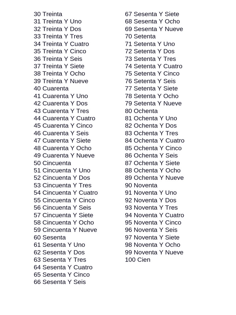 30 Treinta Numeros Del 30 Al 100 | PDF