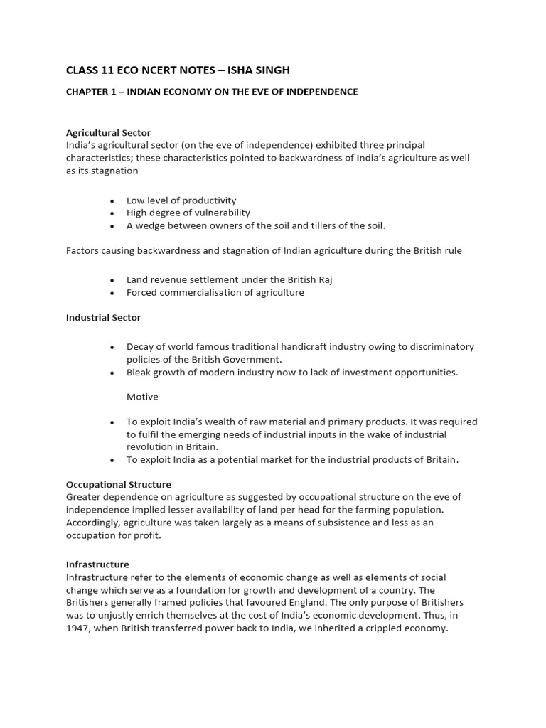 Class 11 Eco Ncert Notes 1 | PDF | Agriculture | Unemployment