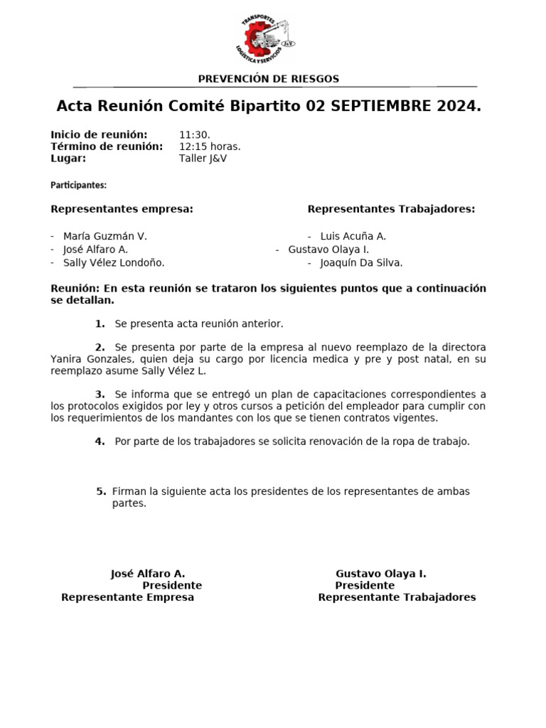 J&V - Acta Reunión Comite Bipartito 02 de Septiembre 2024 | PDF