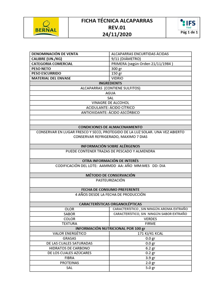 Ficha Técnica de Alcaparras Encurtidas | PDF | Química | Ciencia de los ...
