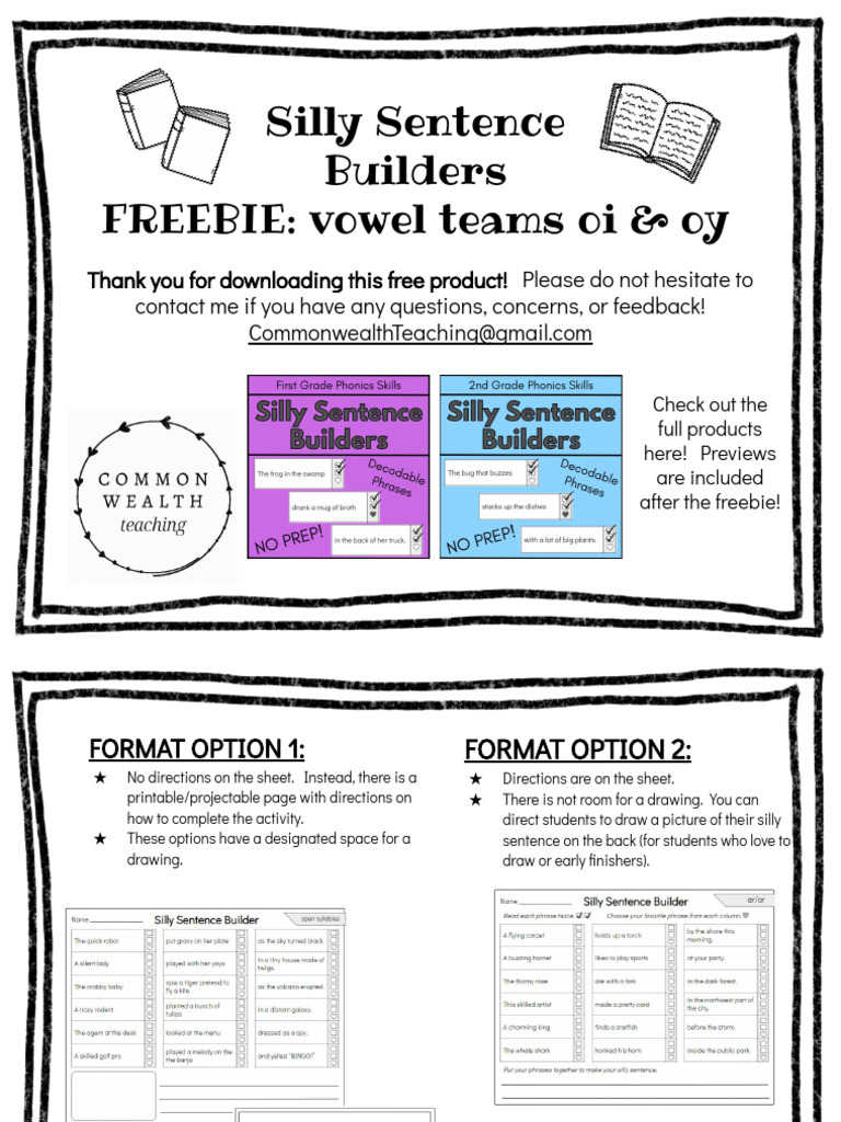 Silly Sentence Builders FREEBIE: Vowel Teams Oi & Oy | PDF | Language ...