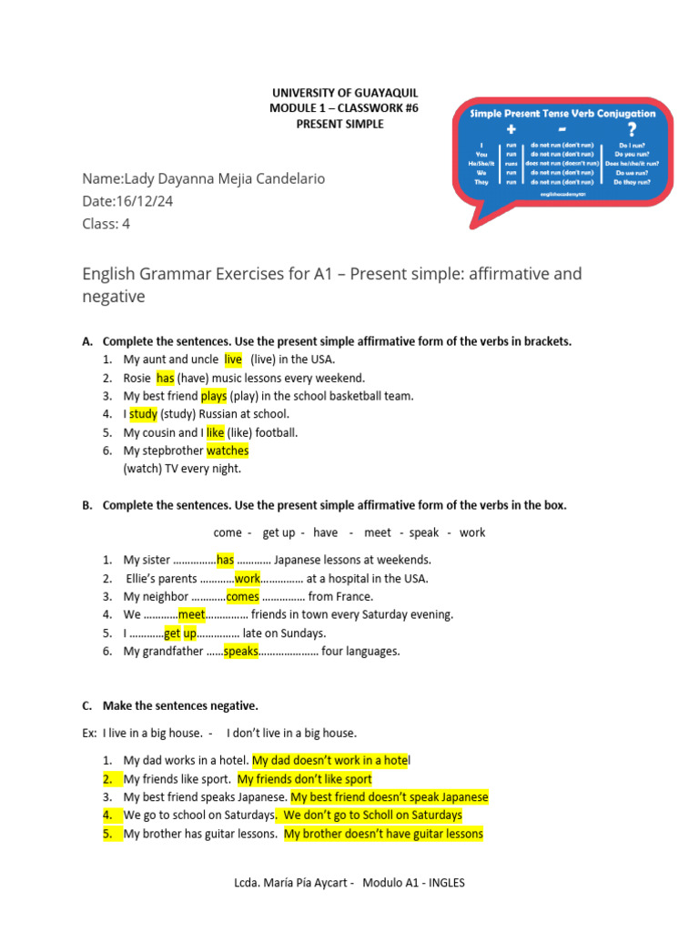 PRESENT SIMPLE Homework 4 | PDF | Linguistics | Grammar