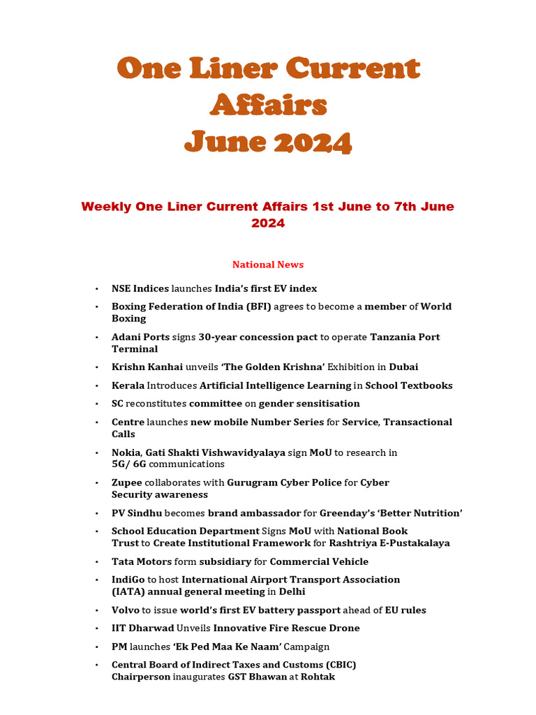 Monthly One Liner Current Affairs - June 2024 | PDF | Reserve Bank Of India