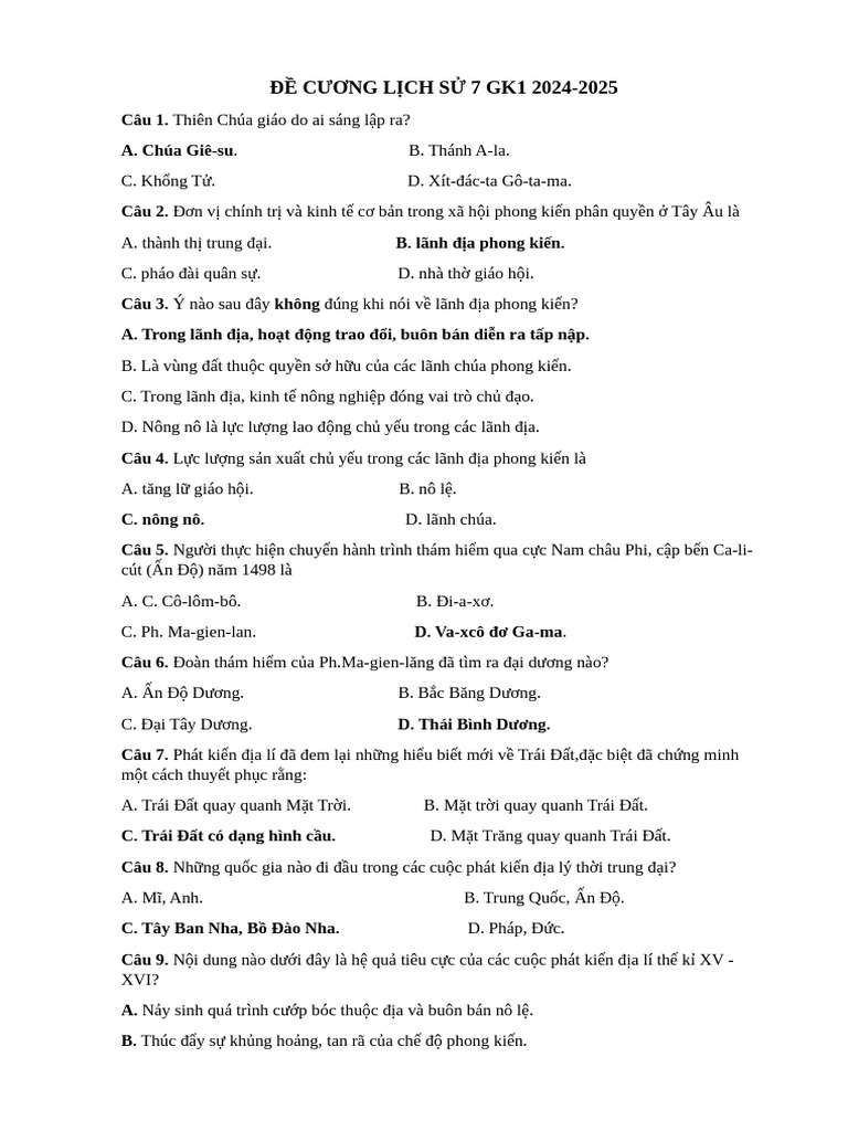 ĐỀ CƯƠNG LỊCH SỬ 7 GK1 2024 | PDF