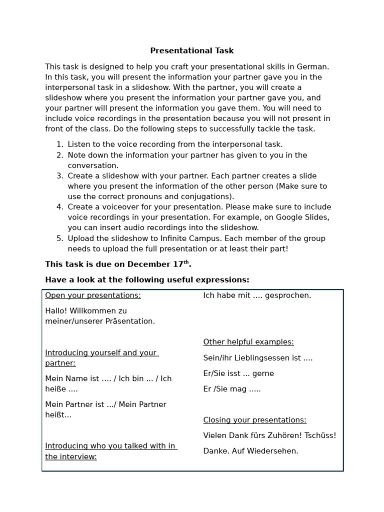 German Presentation Task Guide | PDF