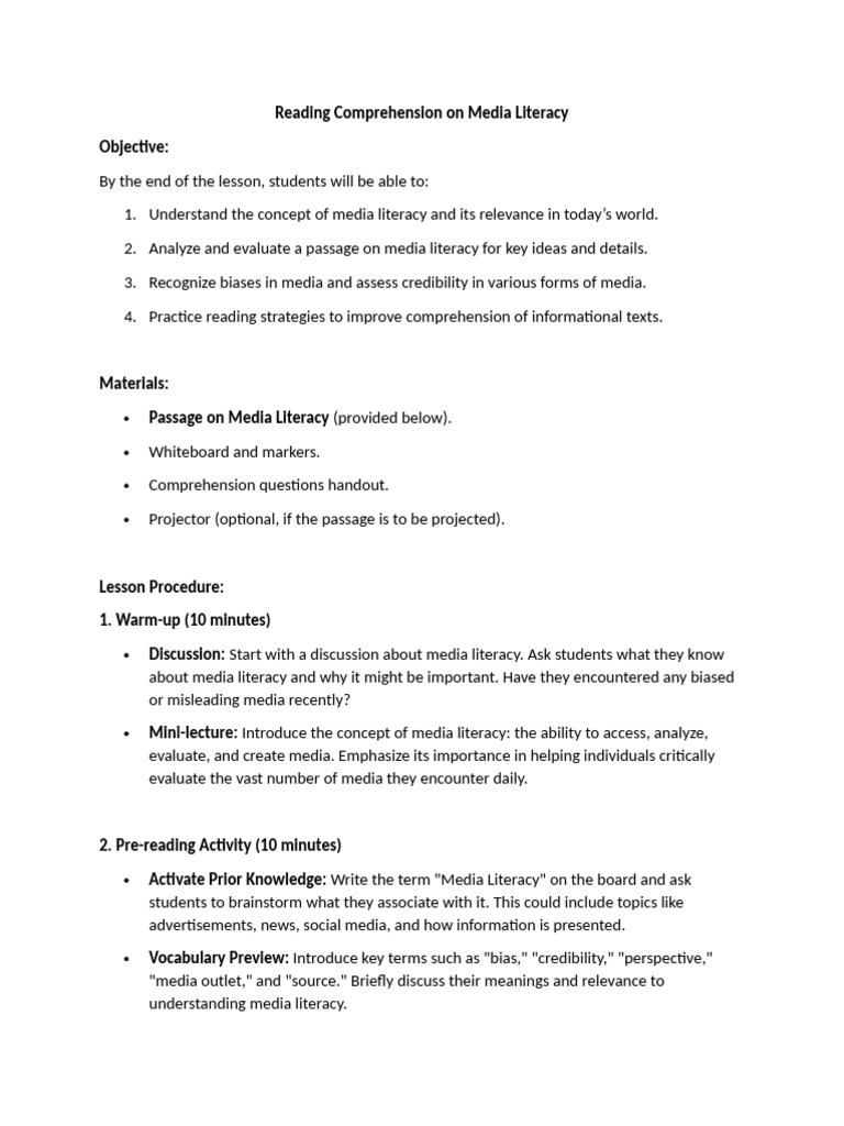 Reading Comprehension On Media Literacy, Technology and Innov., Climate ...