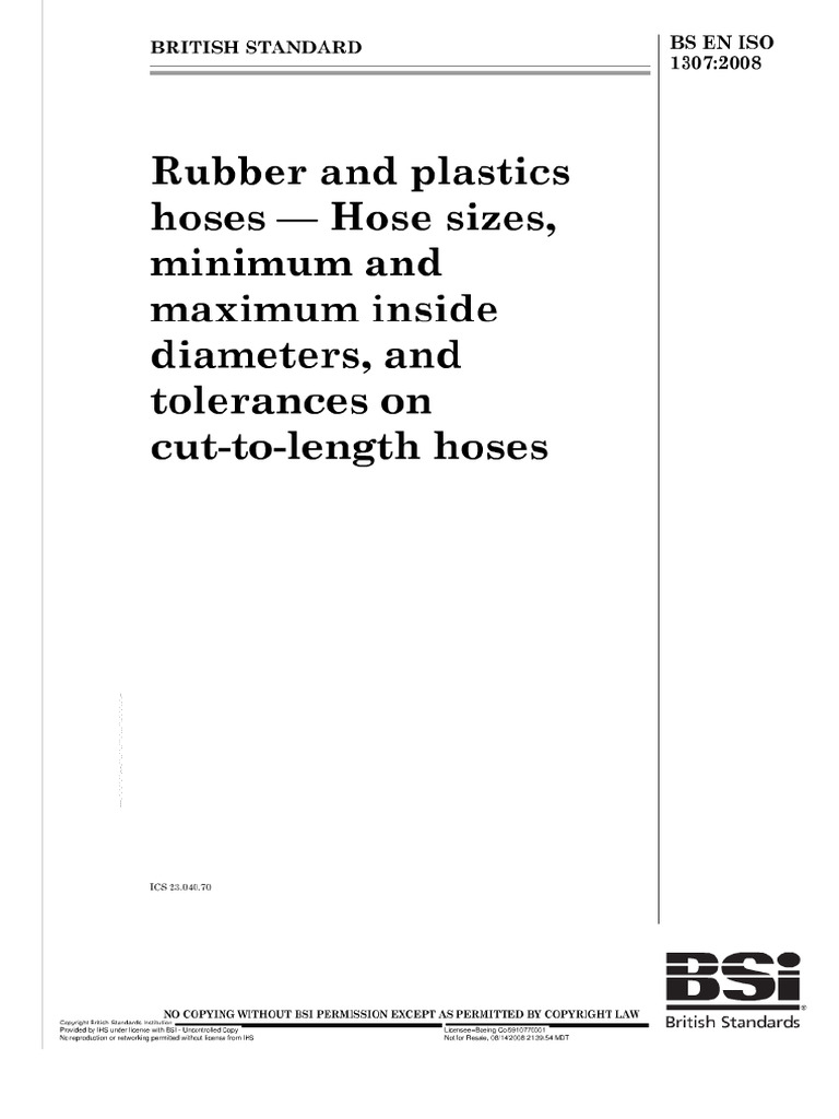 BS EN ISO 1307 Rubber and Plastics Hoses - Hose Sizes, Minimum and ...