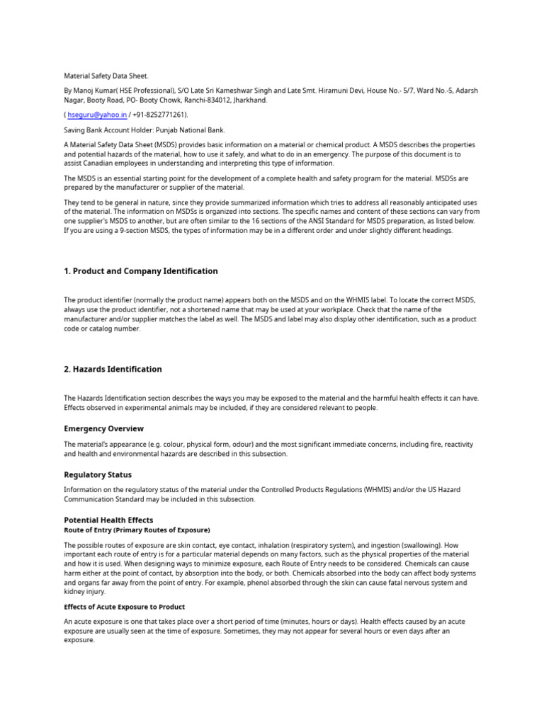 Material Safety Data Sheet. | PDF | Personal Protective Equipment ...