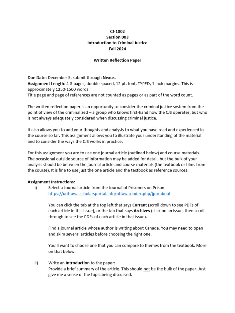 Written Reflection Paper Instructions (CJ 1002-003) | PDF | Prison ...