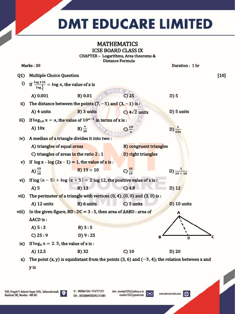ICSE Class 9 Math: Logarithms & Geometry | PDF | Area | Triangle