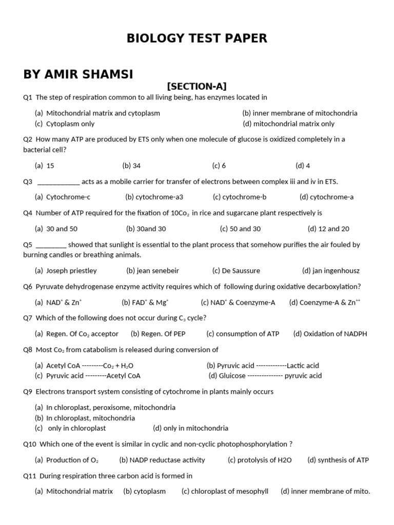 Biology Test Paper on Respiration and Photosynthesis | PDF ...