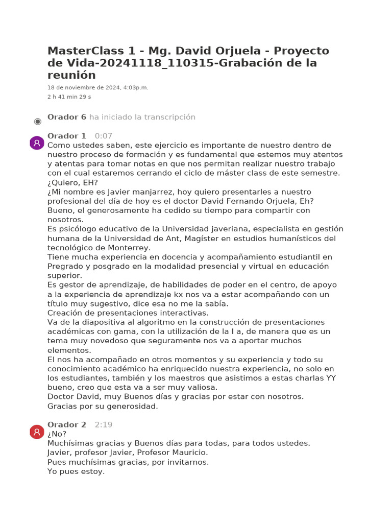 MasterClass 1 - Mg. David Orjuela - Proyecto de Vida | PDF | Inteligencia artificial ...