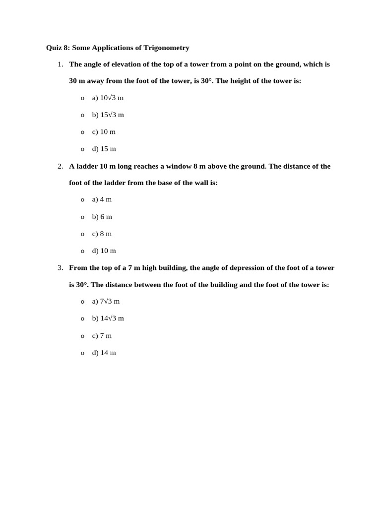 Quiz Some Applications of Trigonometry | PDF