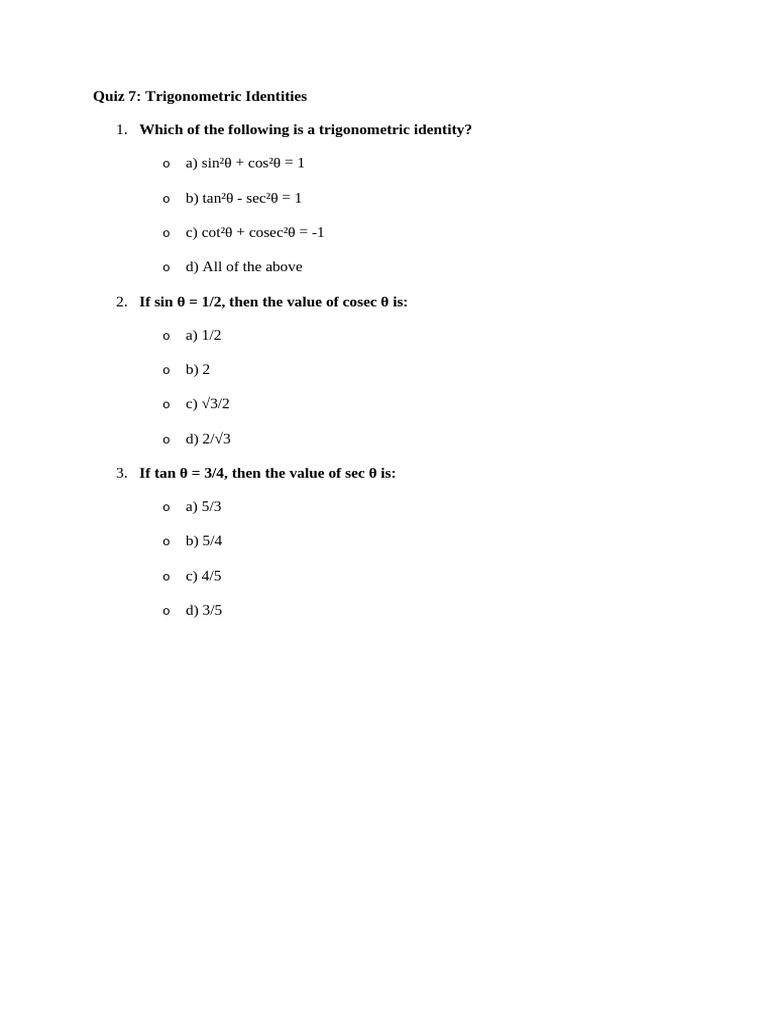 Quiz Trigonometric Identities | PDF