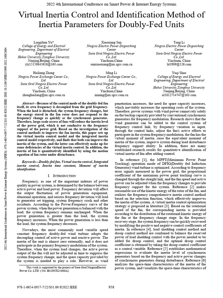 Virtual Inertia Control and Identification Method of Inertia Parameters for Doubly-Fed Units ...