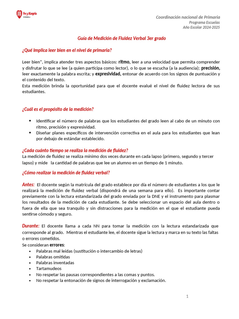 Guía de Fluidez Verbal 3er Grado 2024-2025 | PDF | Puntuación | Medición