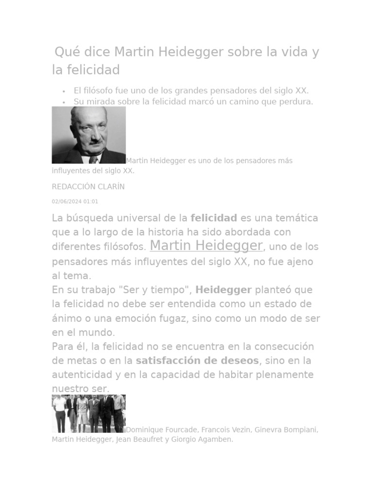 Heidegger: Vida y felicidad auténtica | PDF | Martin Heidegger | Felicidad